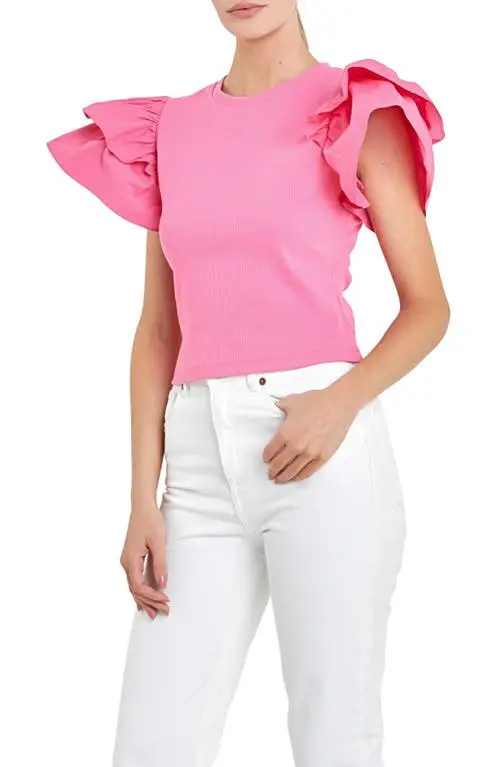English Factory Mix Media Ruffle Sleeve Top