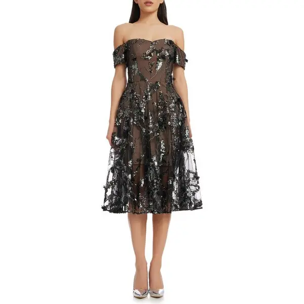 Dress The Population Valeria Sequin Off-the-shoulder Cocktail Dress - Black Multi