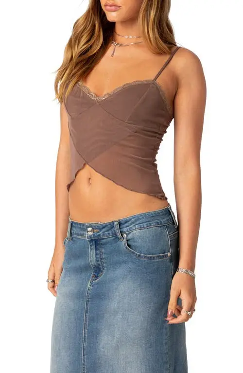 EDIKTED Crossover Crop Mesh Tank - Brown