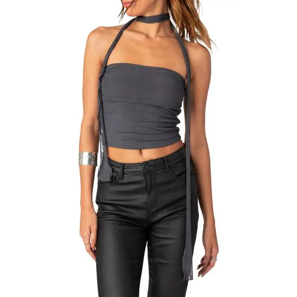 EDIKTED Gathered Strapless Crop Top With Scarf - Dark-gray