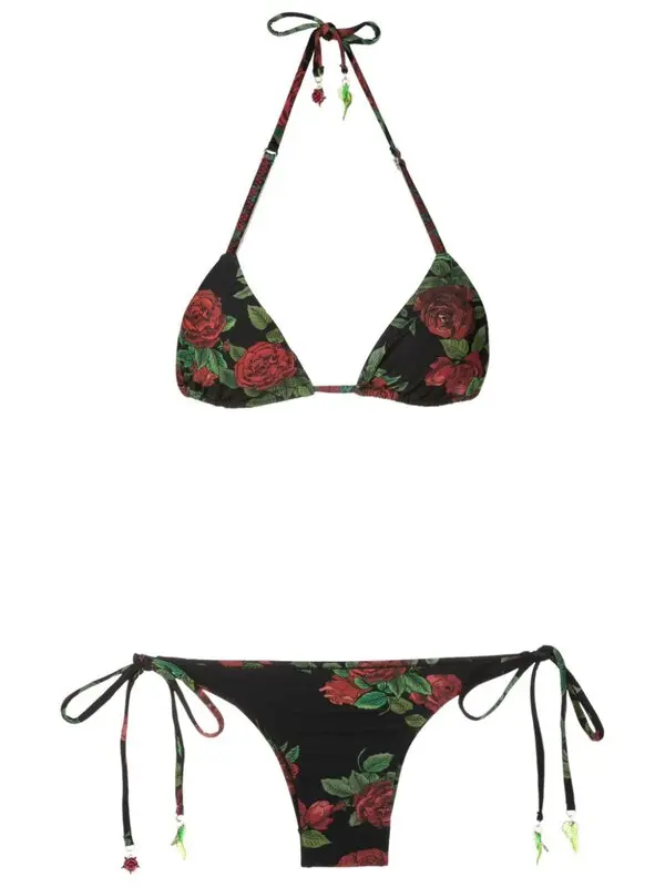 AMIR SLAMA Rose-print Triangle Bikini - Black