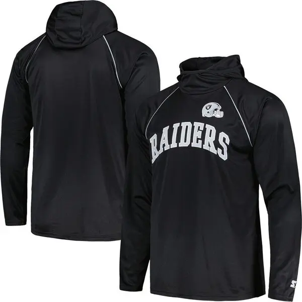 STARTER Las Vegas Raiders Gridiron Classics Throwback Raglan Long Sleeve Hooded T-shirt - Black