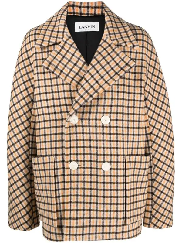 LANVIN Check-pattern Virgin Wool Pea Coat