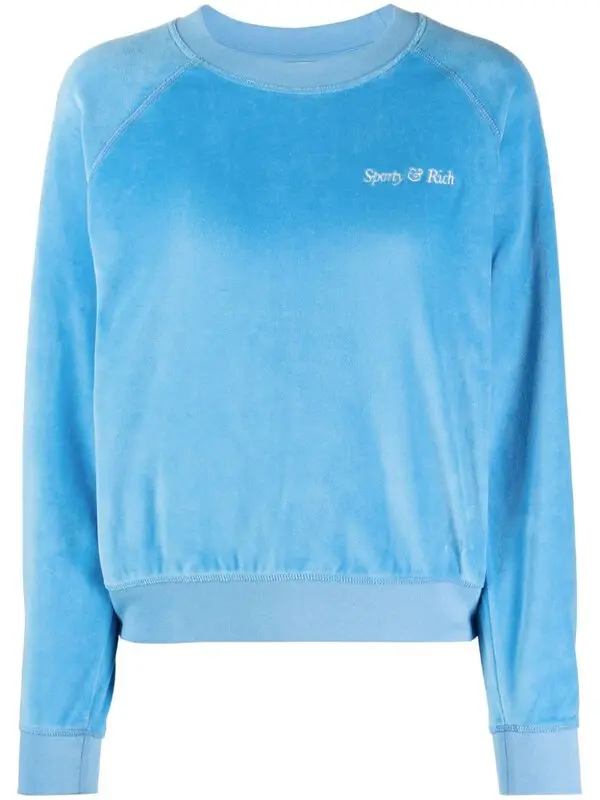 SPORTY & RICH Logo-embroidered Velvet Sweatshirt - Blue