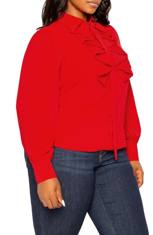 BUXOM COUTURE Tie Neck Pleated Sleeve Blouse - Red