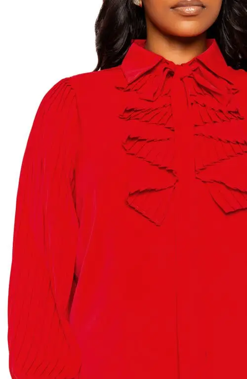 BUXOM COUTURE Tie Neck Pleated Sleeve Blouse - Red