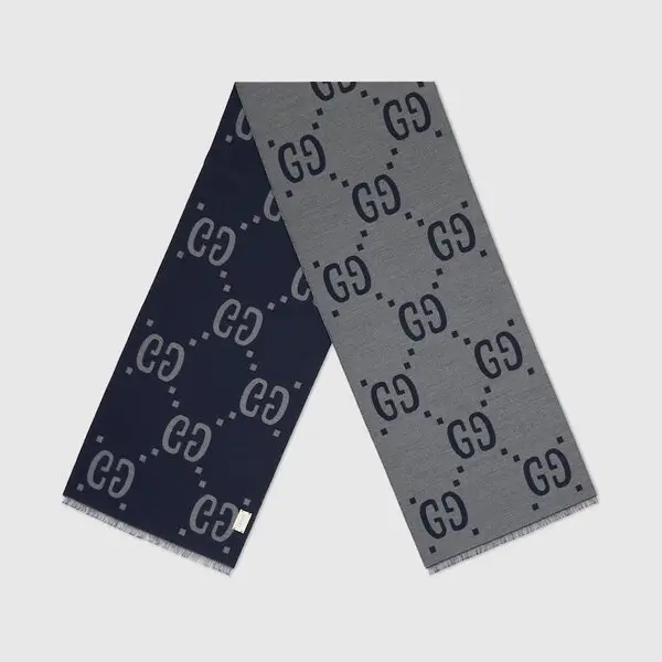 Gucci Gg Jacquard Wool Silk Scarf - Blue
