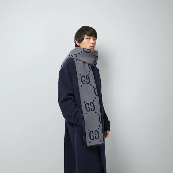 Gucci Gg Jacquard Wool Silk Scarf - Blue