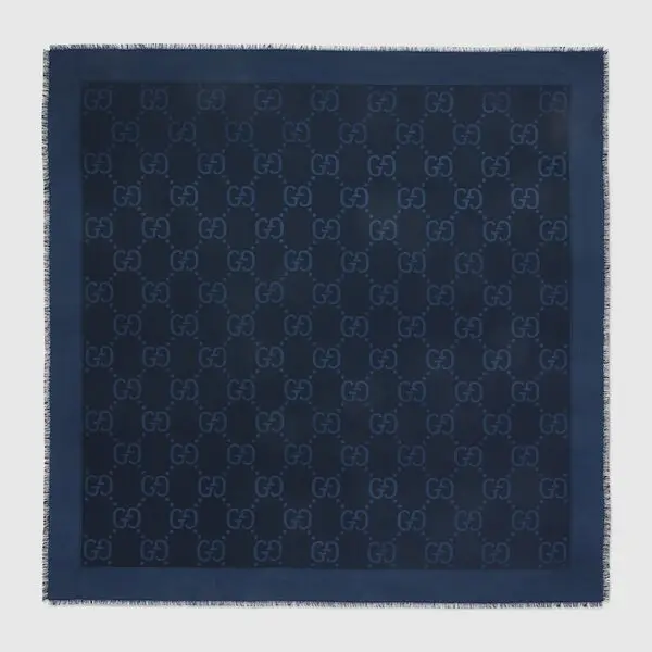 Gucci Gg Jacquard Silk Wool Shawl Silk - Blue