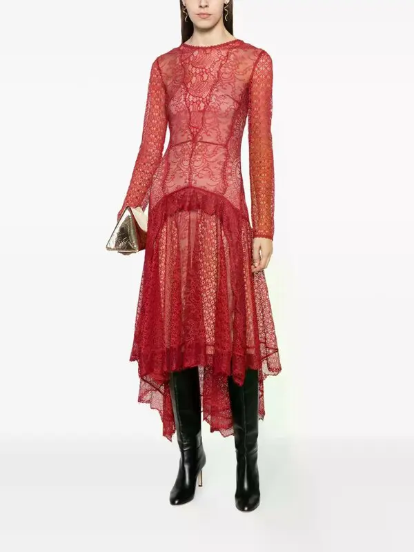 Alberta Ferretti Lace-patchwork Asymmetric Midi Dress - Red