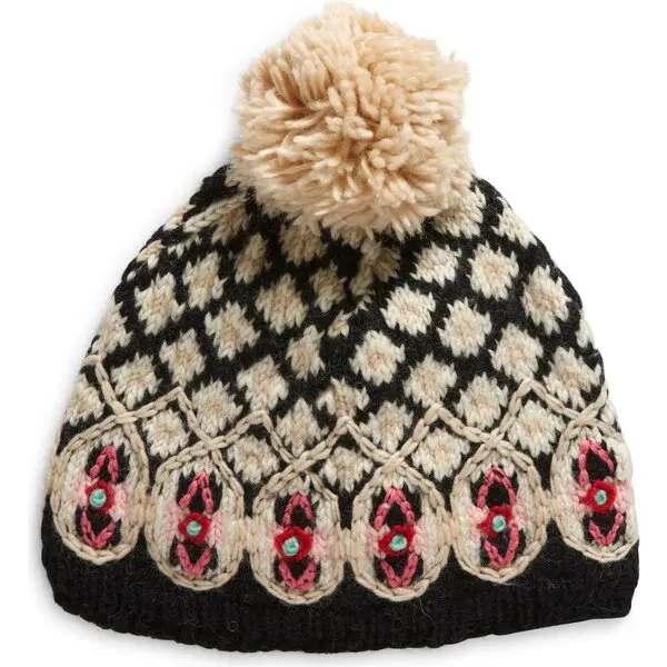 FRENCH KNOT Wool Pompom Beanie - Black