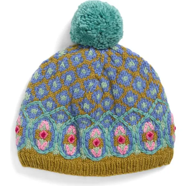FRENCH KNOT Wool Pompom Beanie - Green