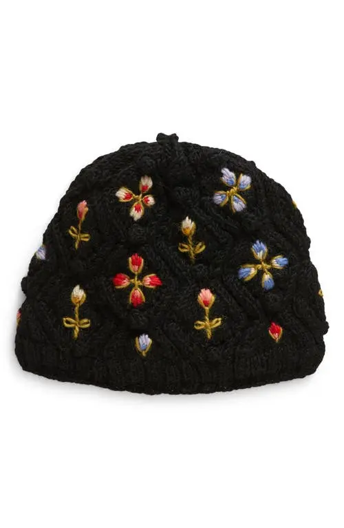 FRENCH KNOT Tilly Floral Embroidered Wool Knit Hat - Black