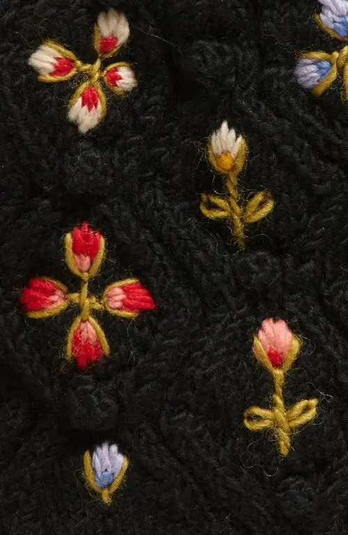 FRENCH KNOT Tilly Floral Embroidered Wool Knit Hat - Black