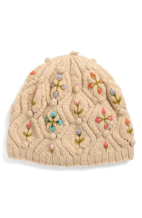FRENCH KNOT Tilly Floral Embroidered Wool Knit Hat - Natural
