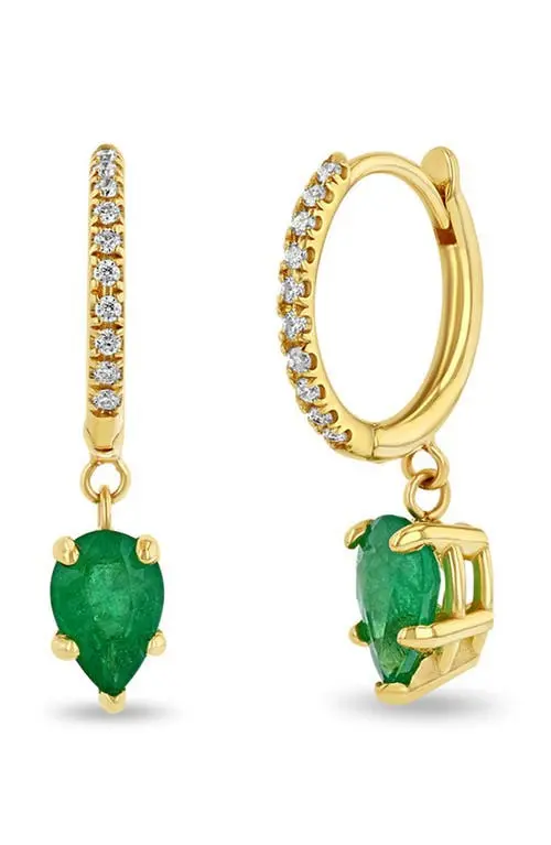 Zoe Chicco Diamond And Emerald Drop Hoop Earrings - 14k Yellow Gold