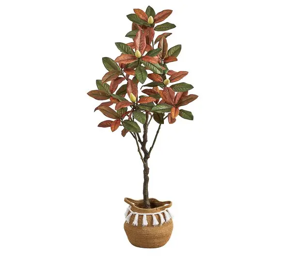 NEARLY NATURAL 5-ft Artificial Fall Magnolia Tr Ee With Basket - One-color