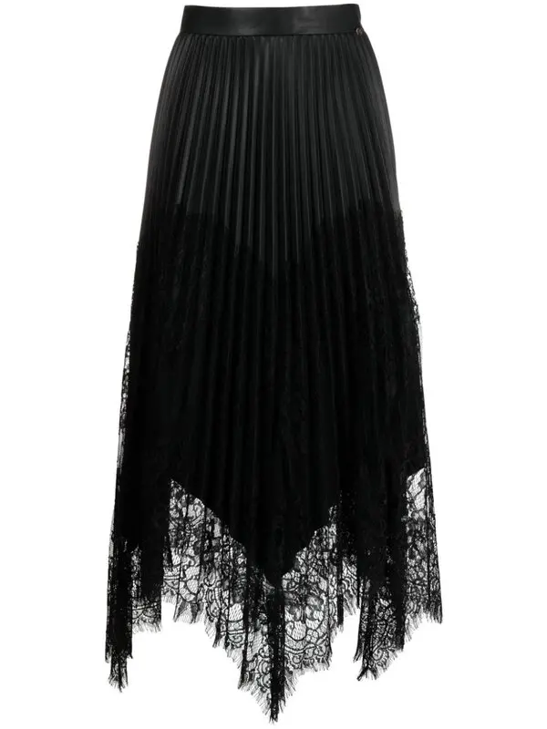 NISSA Lace-trim Pleated Midi Skirt - Black