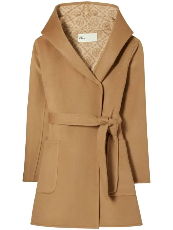 Tory Burch Monogram-jacquard Belted-waist Coat - Brown