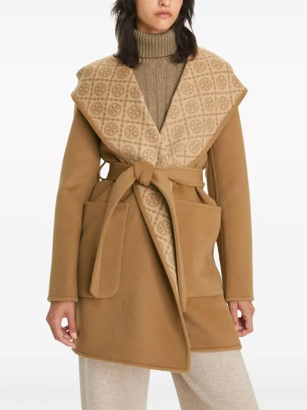 Tory Burch Monogram-jacquard Belted-waist Coat - Brown
