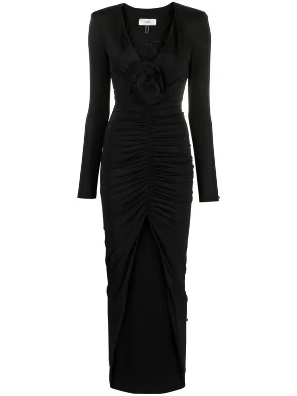 NISSA Floral-appliqué Ruched Maxi Dress - Black