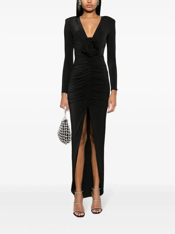NISSA Floral-appliqué Ruched Maxi Dress - Black