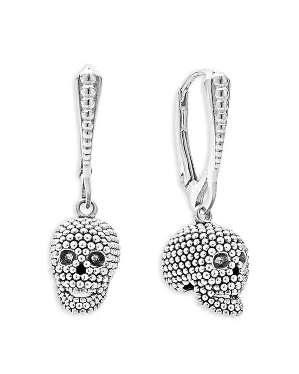 Lagos Sterling Caviar Bead Skull Drop Earrings - Silver