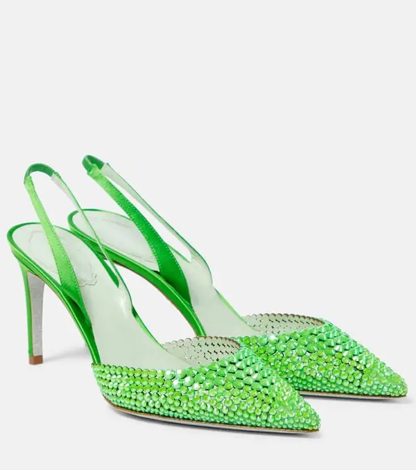 Rene Caovilla Embellished Satin Slingback Pumps - Green