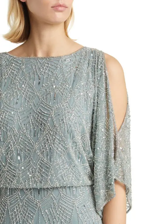 Pisarro Nights Beaded Cold Shoulder Blouson Cocktail Dress - Teal
