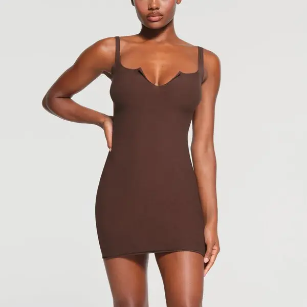 skims brown mini dress Skims Brown Knit LS Henley Mini Sleep Dress main image 1