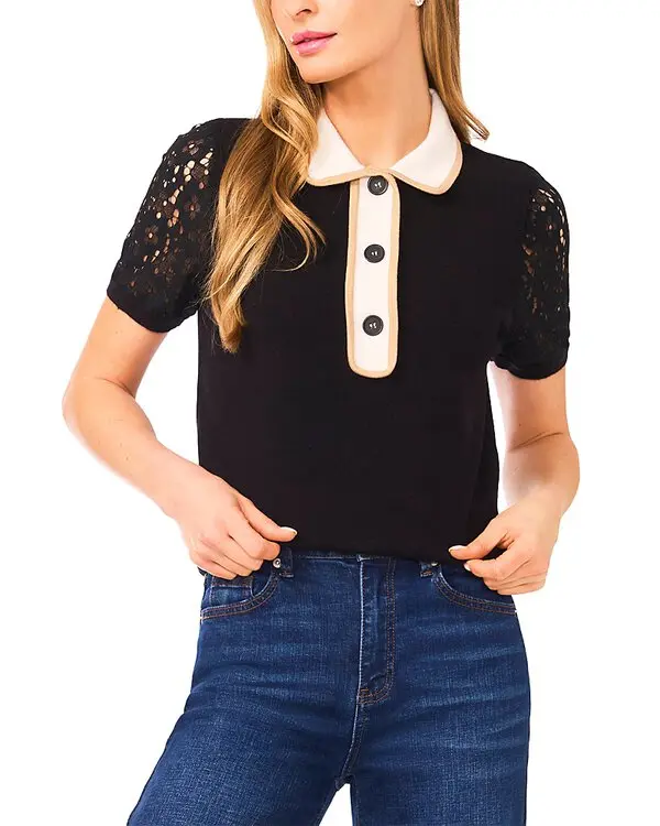 CECE DUPRAZ Polo Collar Lace Sleeve Top - Rich Black