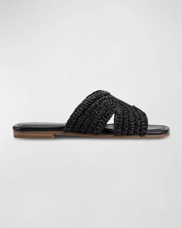 Marc Fisher Narda Woven Raffia Flat Slide Sandals - Black
