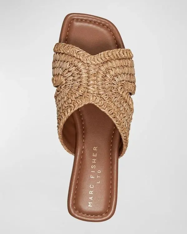 Marc Fisher Narda Woven Raffia Flat Slide Sandals - Ltbrwn