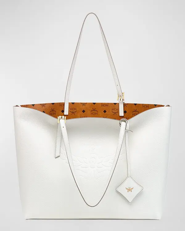Mcm Lauretos Leather Shopper Tote Bag - White