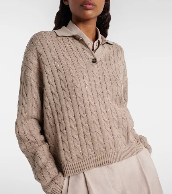 Brunello Cucinelli Cable-knit Cotton-blend Polo Sweater - Beige