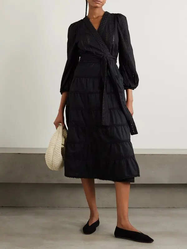 Waimari + Net Sustain Aurora Lace-Trimmed Embroidered Cotton-Blend Wrap Dress - Women - Black Dresses - S