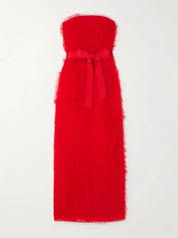 Huishan Zhang Monica Strapless Ruffled Tulle Maxi Dress - Red
