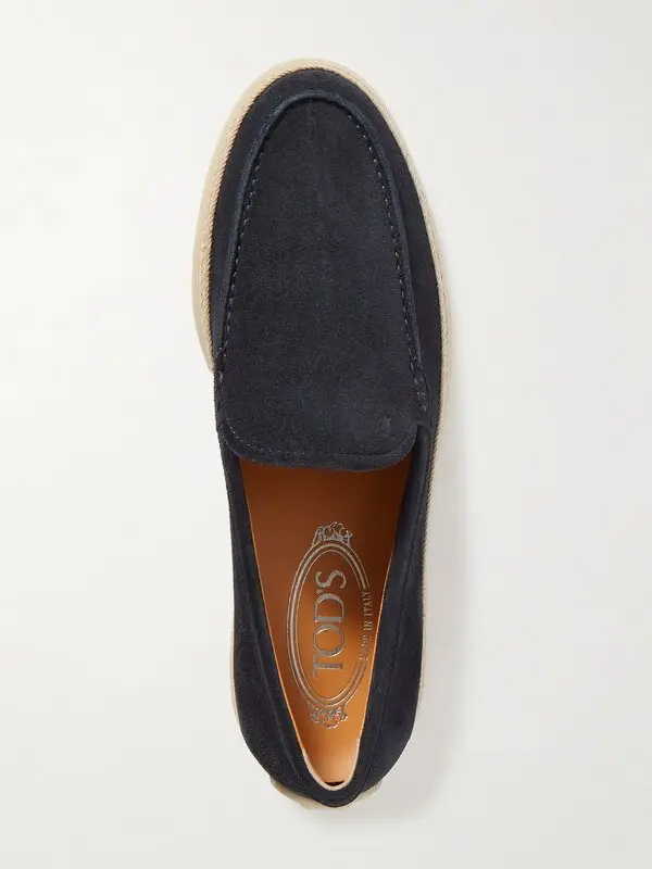 TOD'S Raffia-trimmed Suede Loafers - Blue