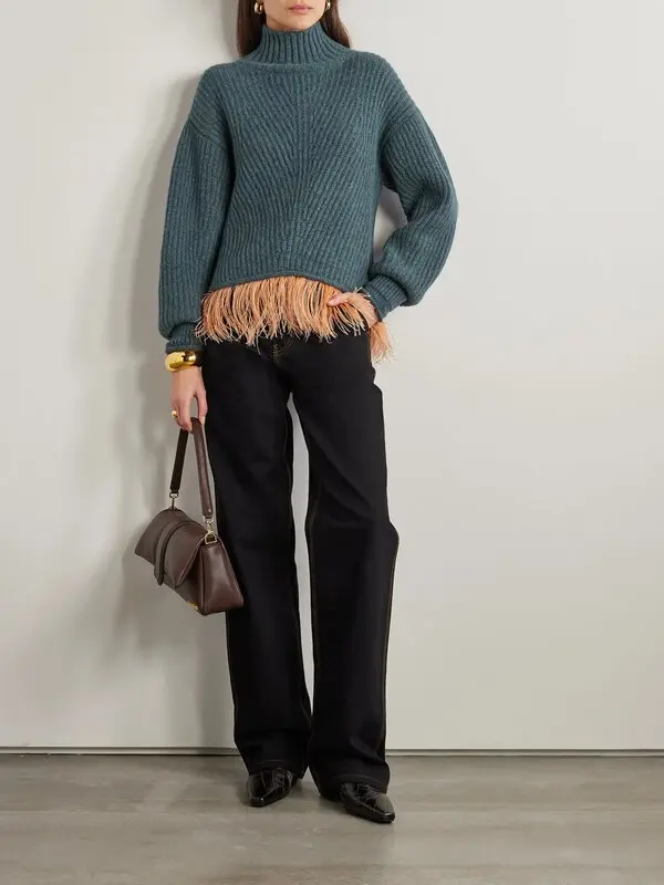 La DoubleJ High Kick Feather-trimmed Ribbed Alpaca-blend Turtleneck Sweater - Blue