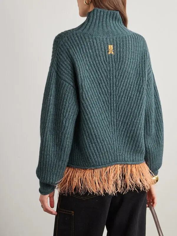 La DoubleJ High Kick Feather-trimmed Ribbed Alpaca-blend Turtleneck Sweater - Blue