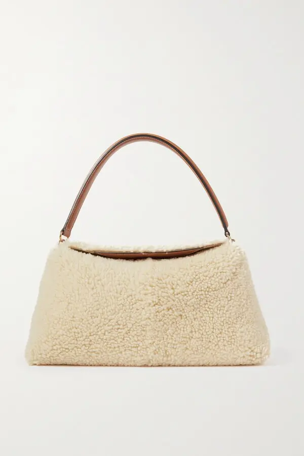 TOD'S Leather-trimmed Shearling Shoulder Bag - Cream