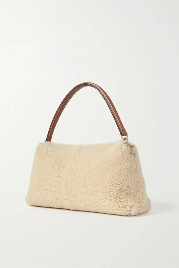 TOD'S Leather-trimmed Shearling Shoulder Bag - Cream
