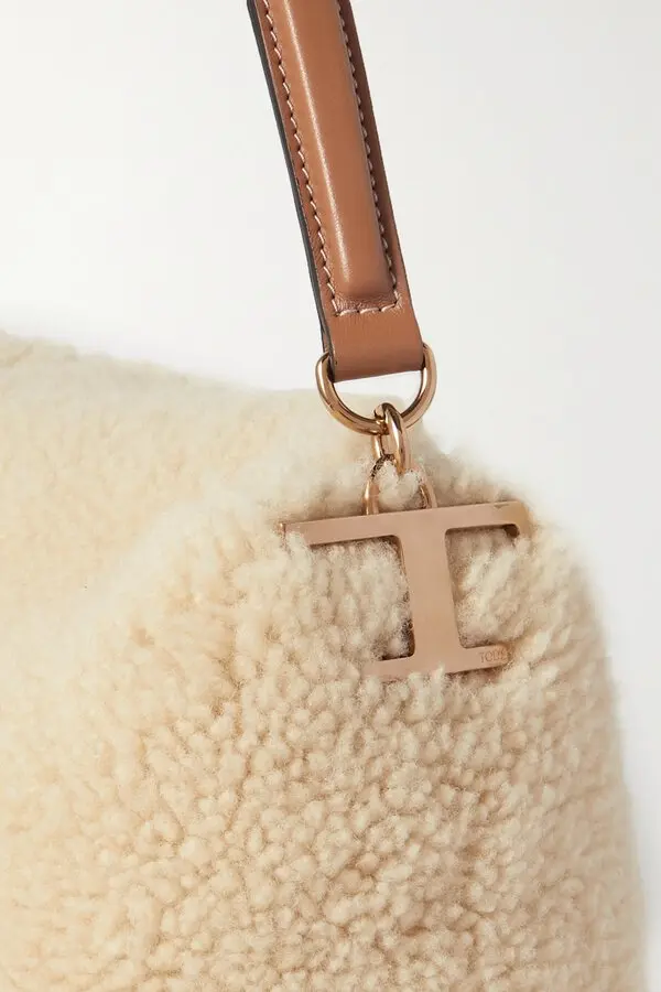TOD'S Leather-trimmed Shearling Shoulder Bag - Cream