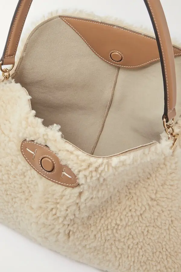 TOD'S Leather-trimmed Shearling Shoulder Bag - Cream