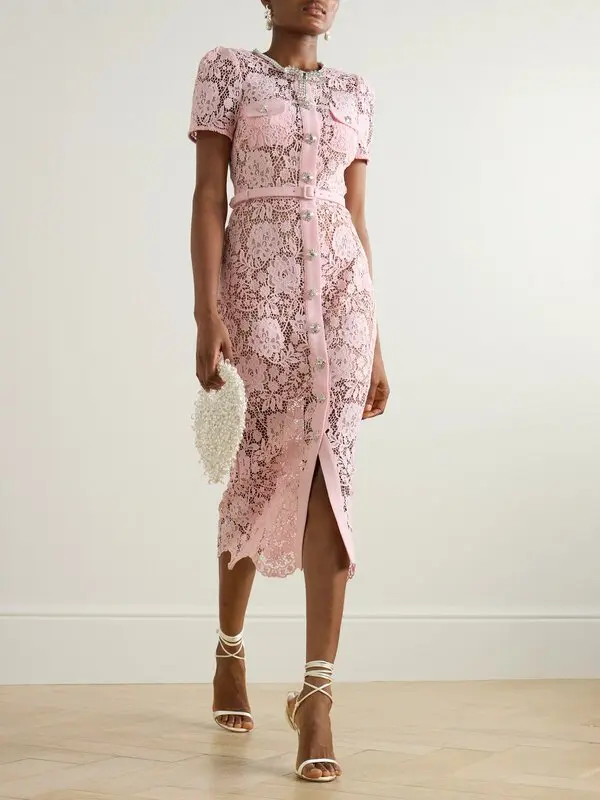 self portrait pink guipure lace midi dress Self-Portrait Guipure Lace Belted Midi Dress