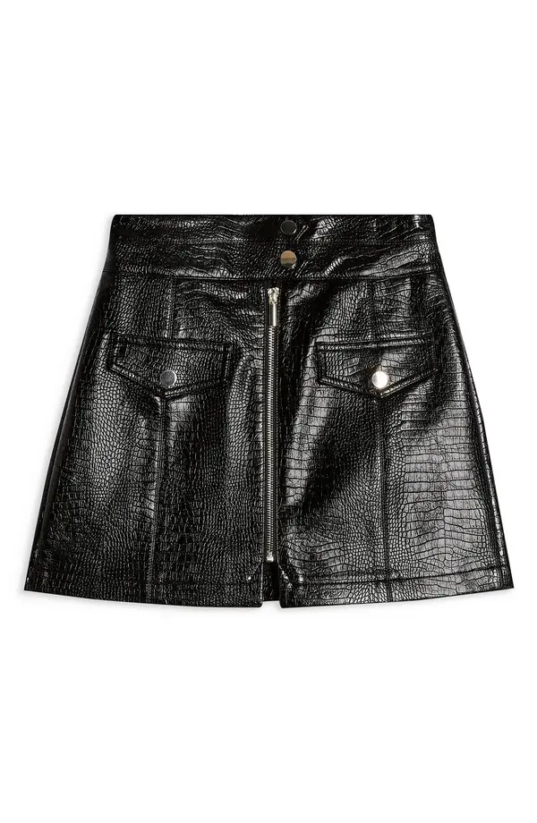 Topshop Crocodile Zip Through Faux Leather Miniskirt Black