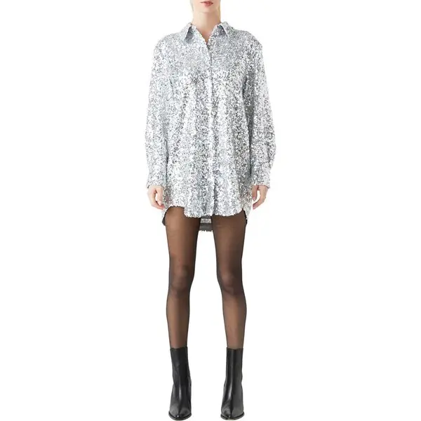 GREY LAB Sequin Mini Shirtdress - Silver
