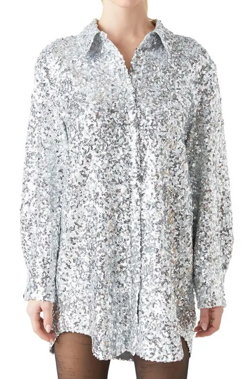 GREY LAB Sequin Mini Shirtdress - Silver