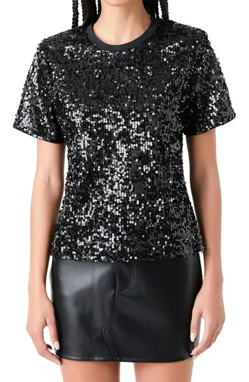 GREY LAB Shoulder Pad Sequin Top - Black