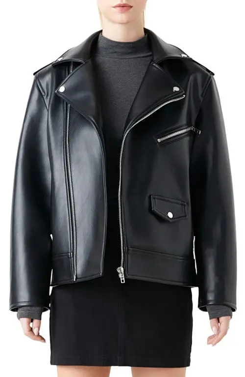 GREY LAB Padded Shoulder Faux Leather Biker Jacket - Black
